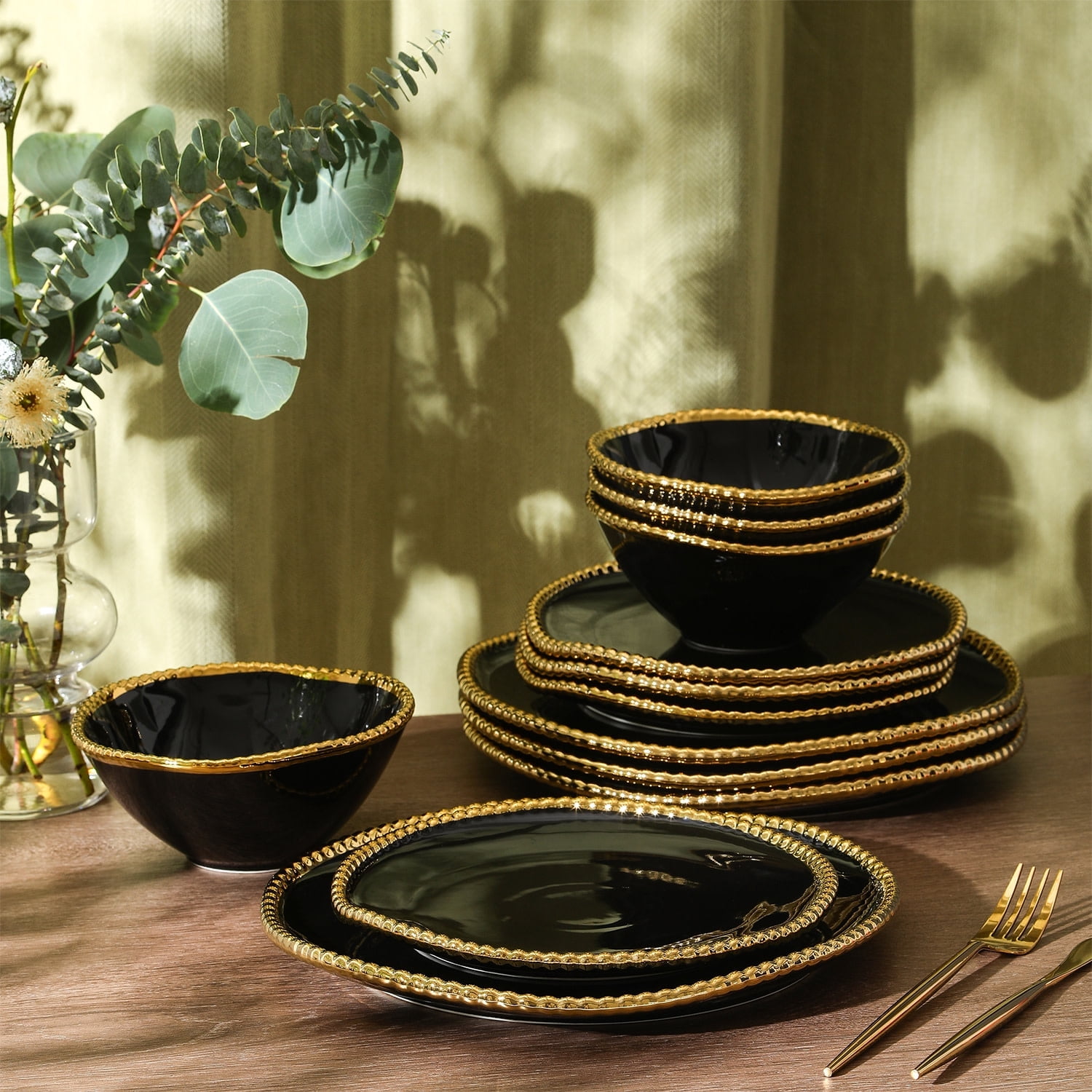 Christian Siriano Akoya 12-Piece Dinnerware Set Porcelain, Black ...