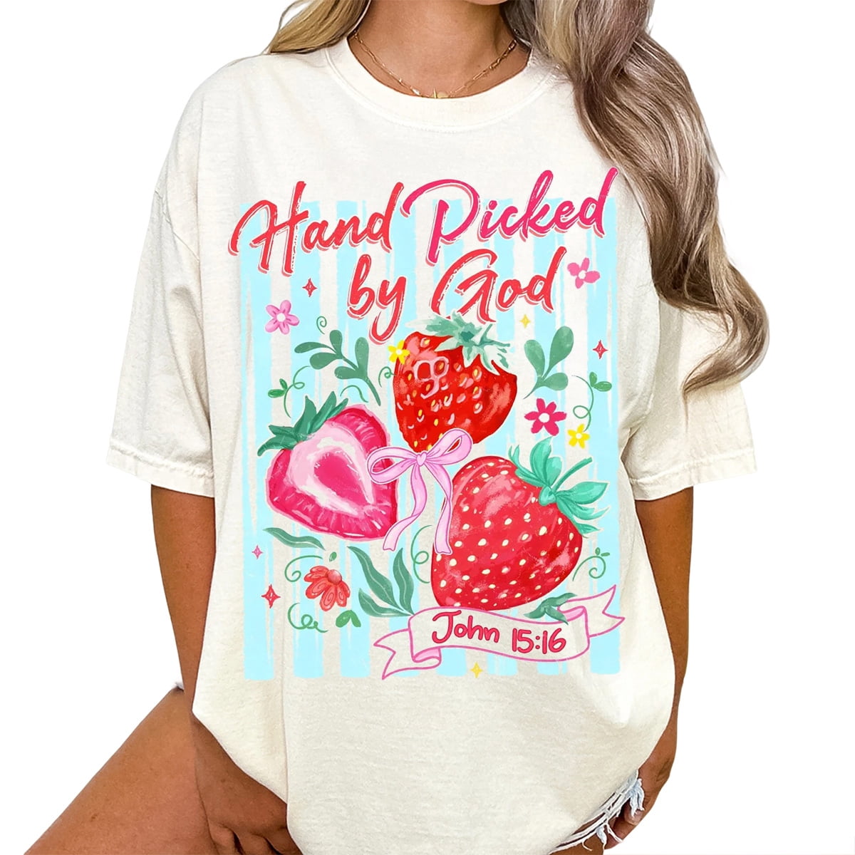 Christian Strawberry Hand Picked By God Bible Verse Graphic Casual T ...