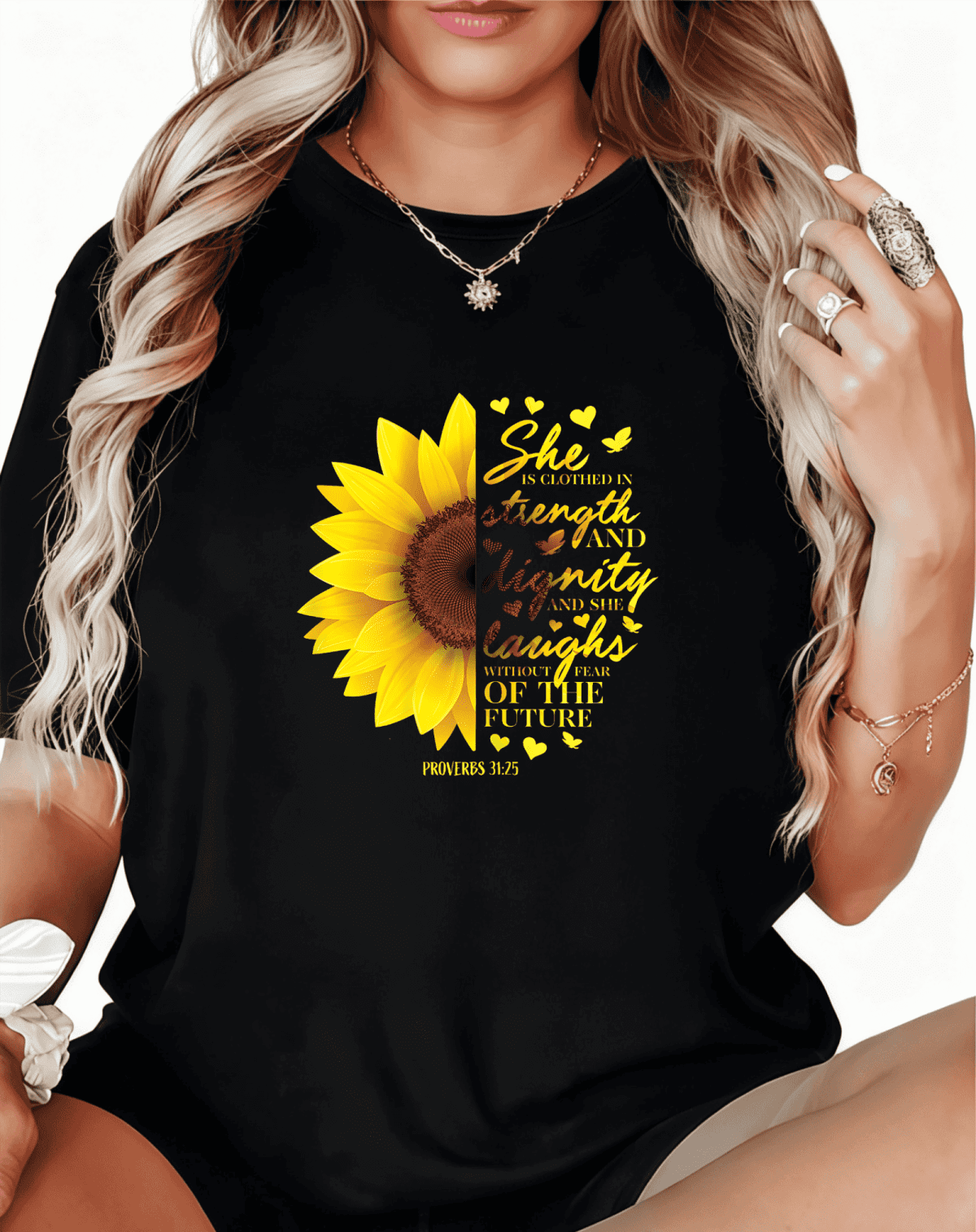 Christian Sunflower Proverbs 31:25 Graphic Tees Print Tshirt Women Shirts Black S-5XL Cotton ...