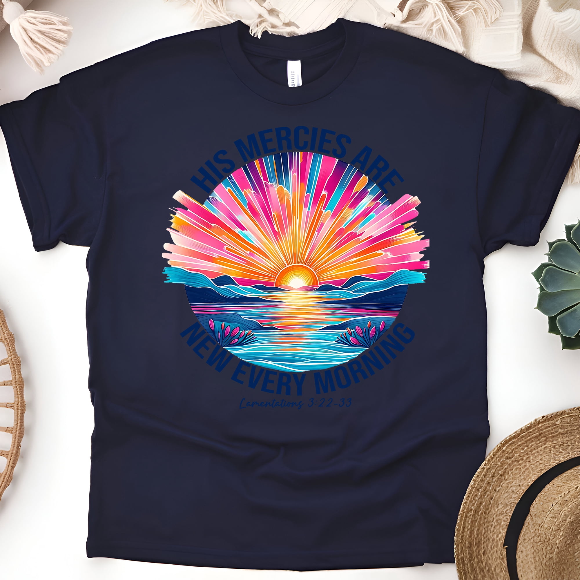 Christian Sunrise Graphic T-Shirt with Bible Verse for Women, Navy ...