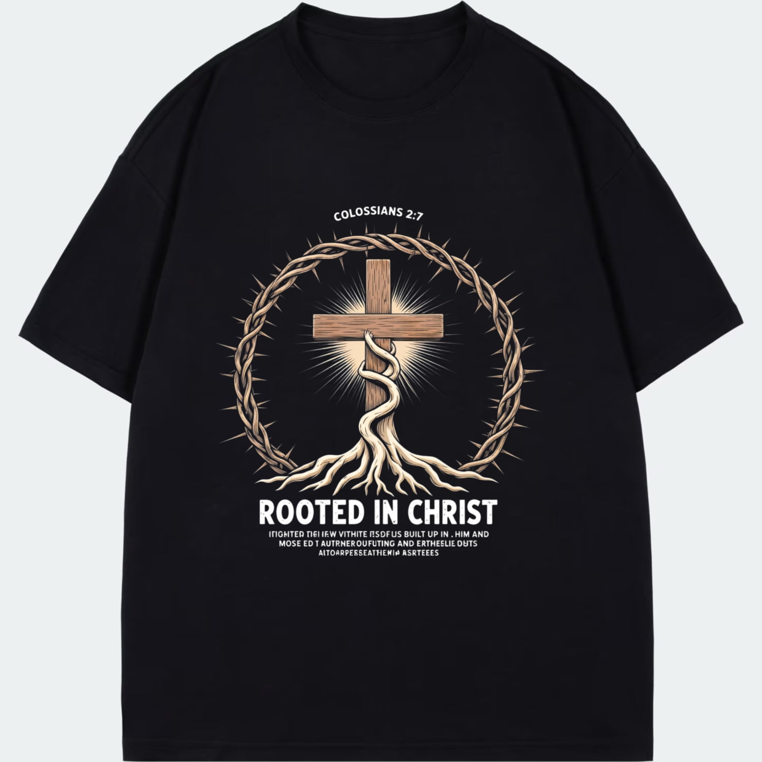 Christian T Shirt Black Cross With Crown Of Thorns And Roots Design ...
