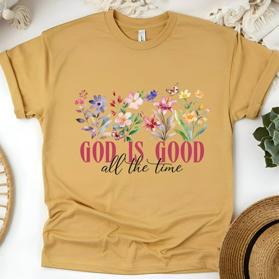 Christian T-Shirt God Is Good All the Time with Colorful Floral Design ...