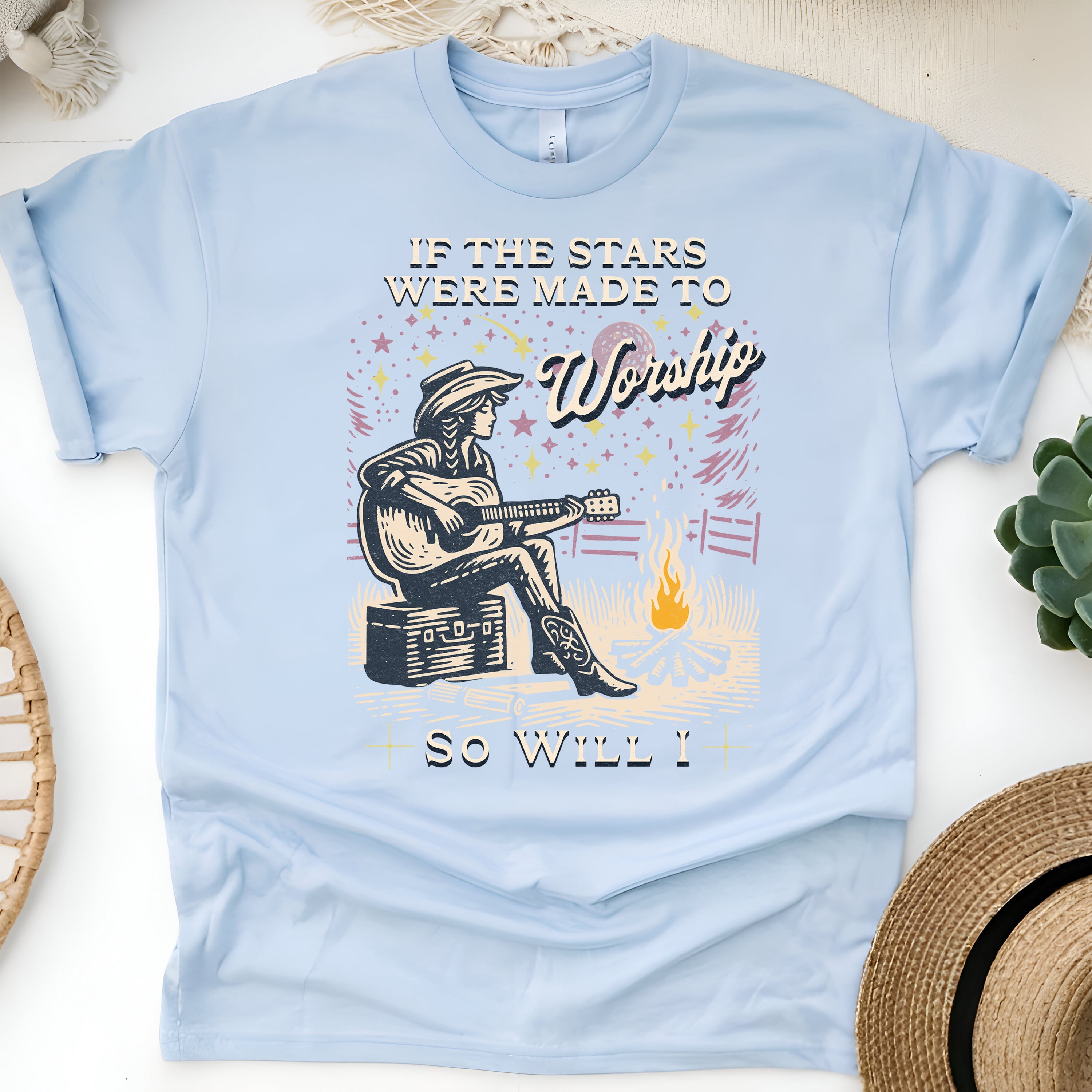 Christian T-Shirt – So Will I Worship Tee with Cowgirl Campfire Scene ...