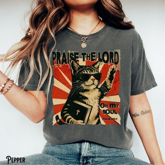 Christian T-Shirt, Unisex Garment-Dyed Tee, Funny Cat, Vintage, Praise ...