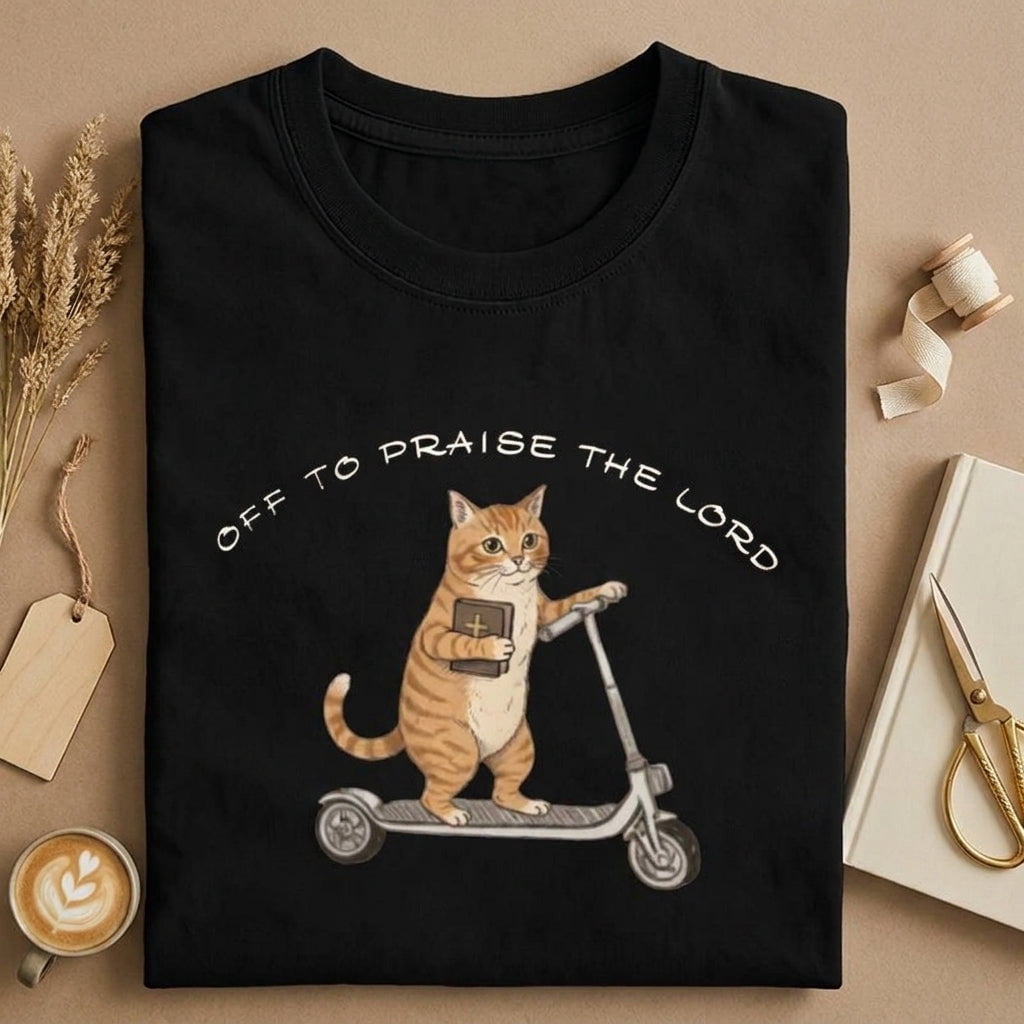 Christian T-Shirt, Unisex Tee, Funny Cat Off To Praise The Lord, Bible ...