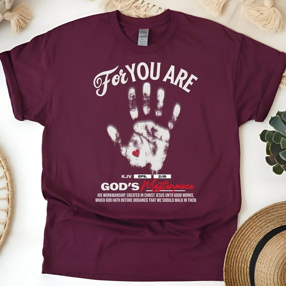 Christian T-Shirt with God’s Masterpiece Handprint Design Ephesians 2: ...
