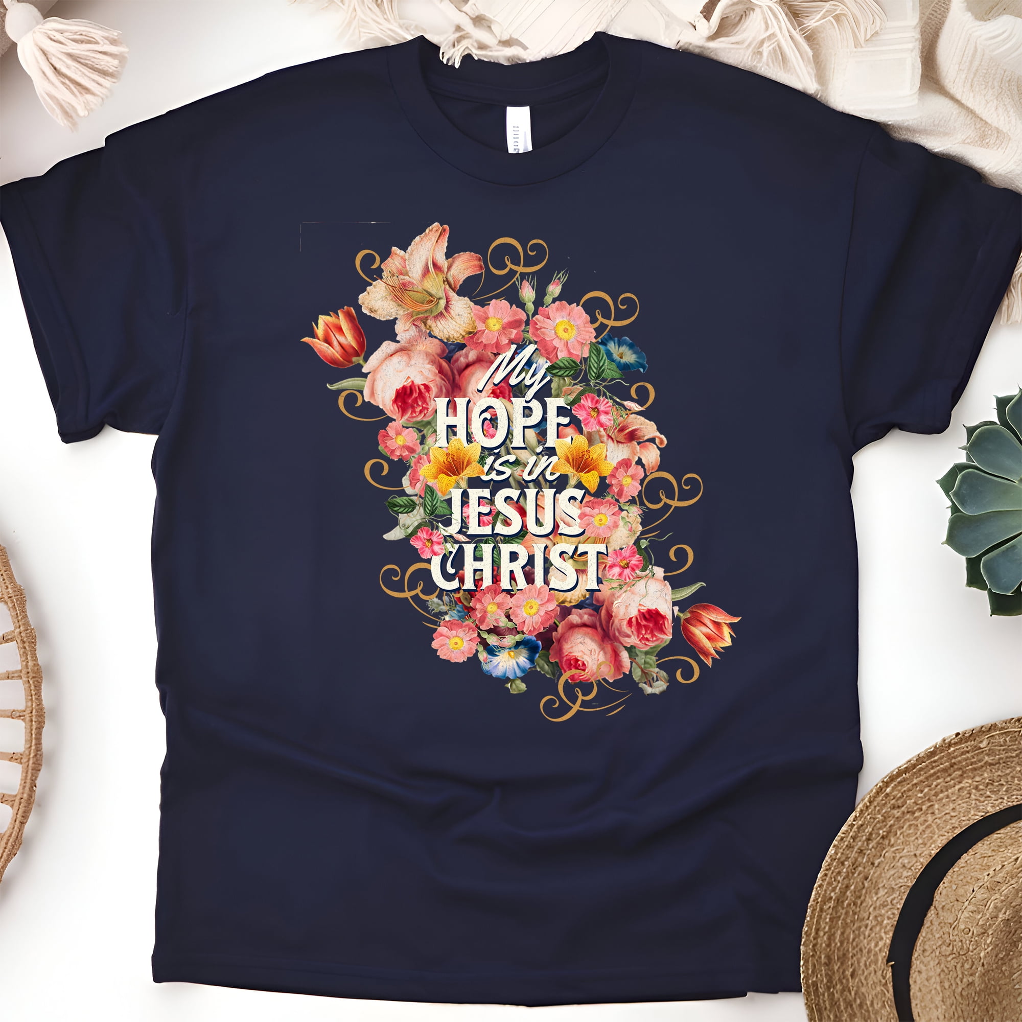 Christian T-Shirt with My Hope Is in Jesus Christ Floral Design, Navy ...