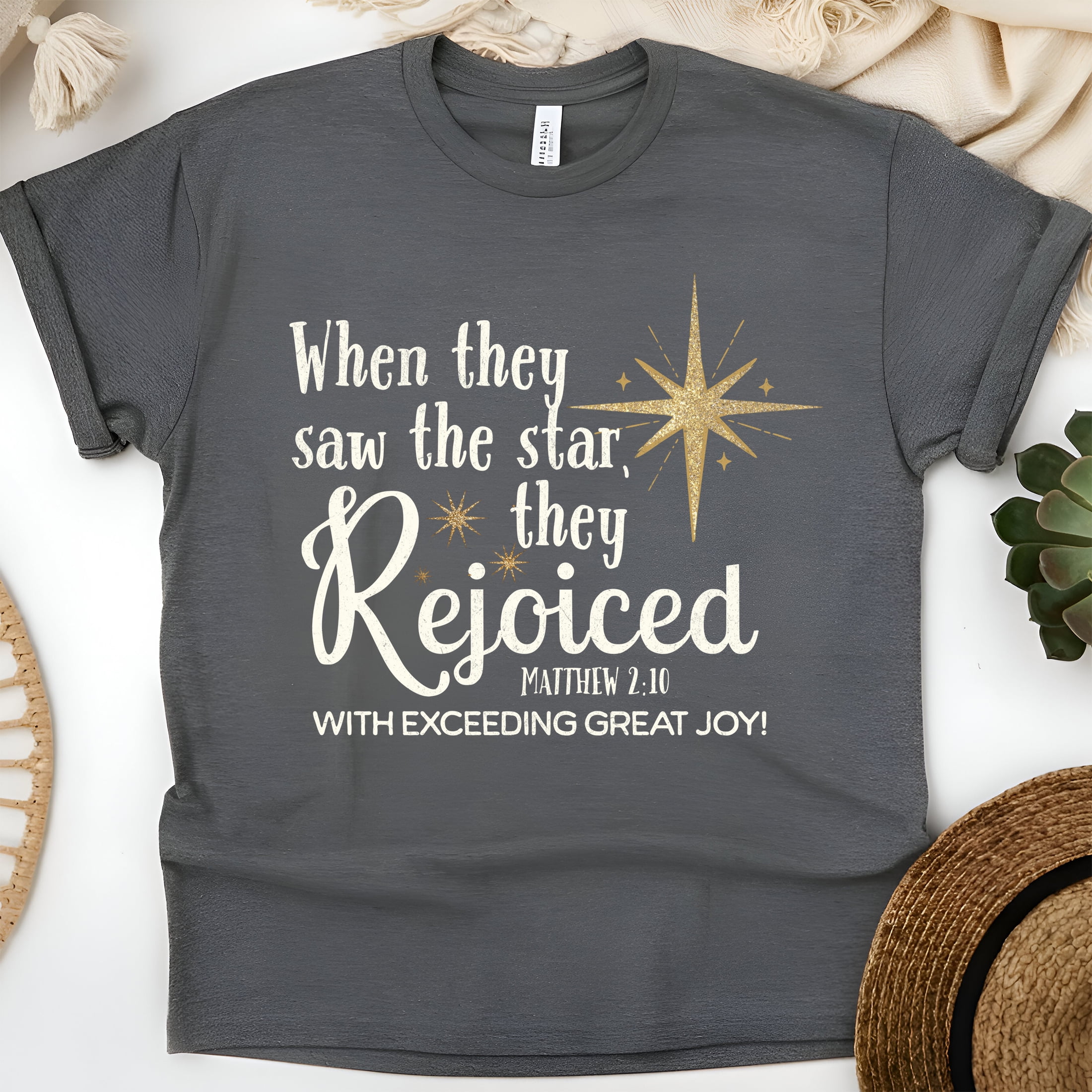 Christian T-Shirt with Rejoiced Star Design Matthew 2:10, Dark Heather ...