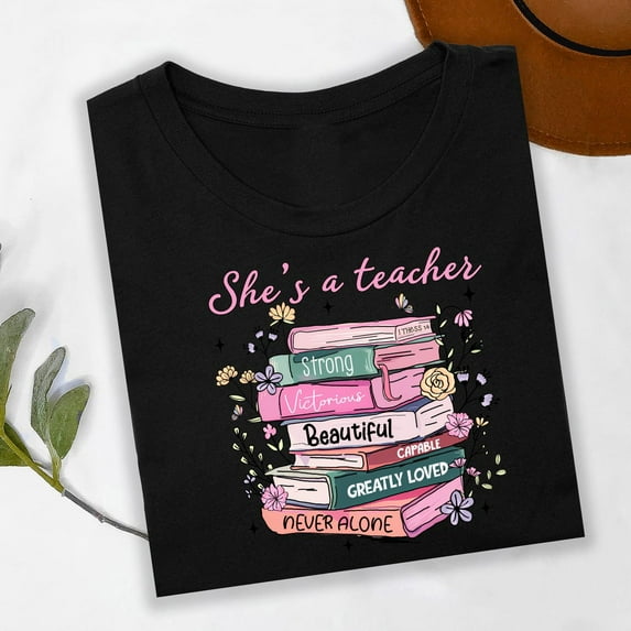 Christian Teacher T-Shirt: Floral Book Stack, Bible Verse Graphic Tee ...