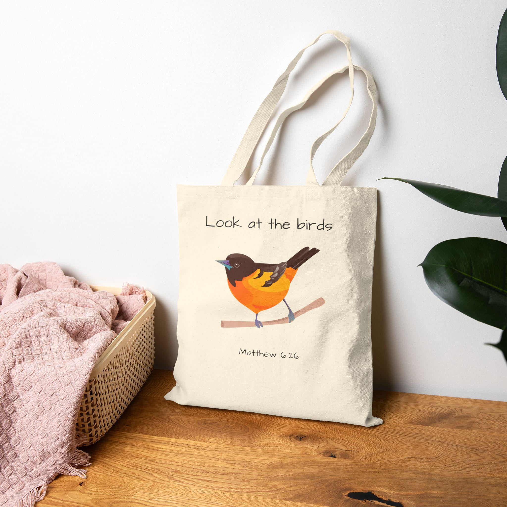 Christian Tote Bag, Bible Verse, Look at the Birds, Faith Church Bible ...