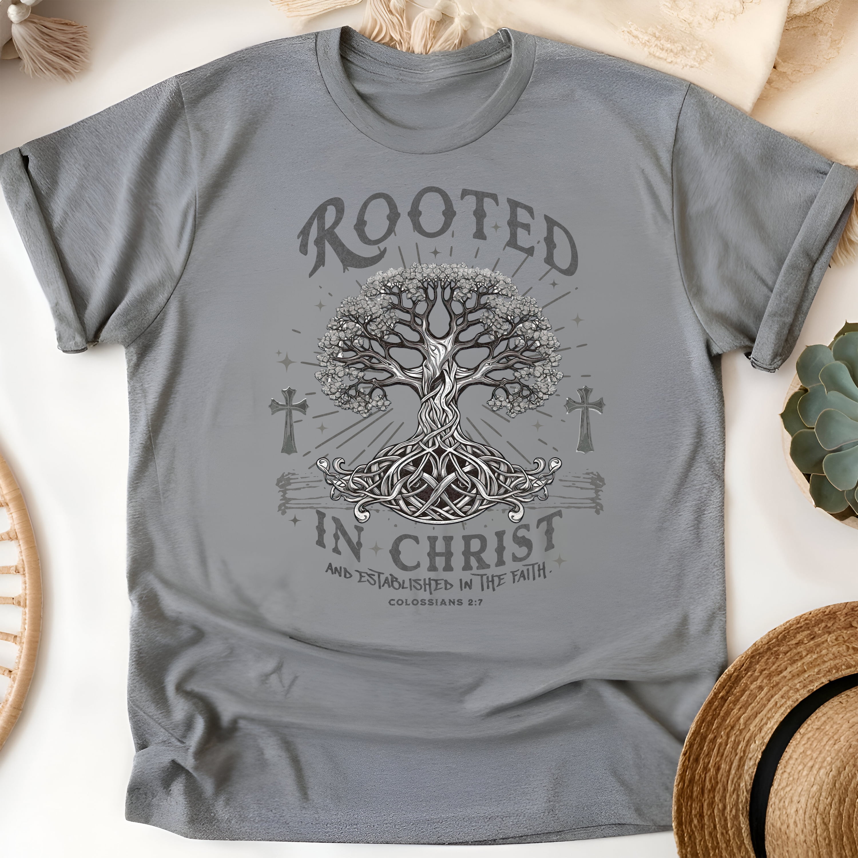 Christian Tree of Faith T-Shirt – Rooted in Christ Colossians 2:7 ...