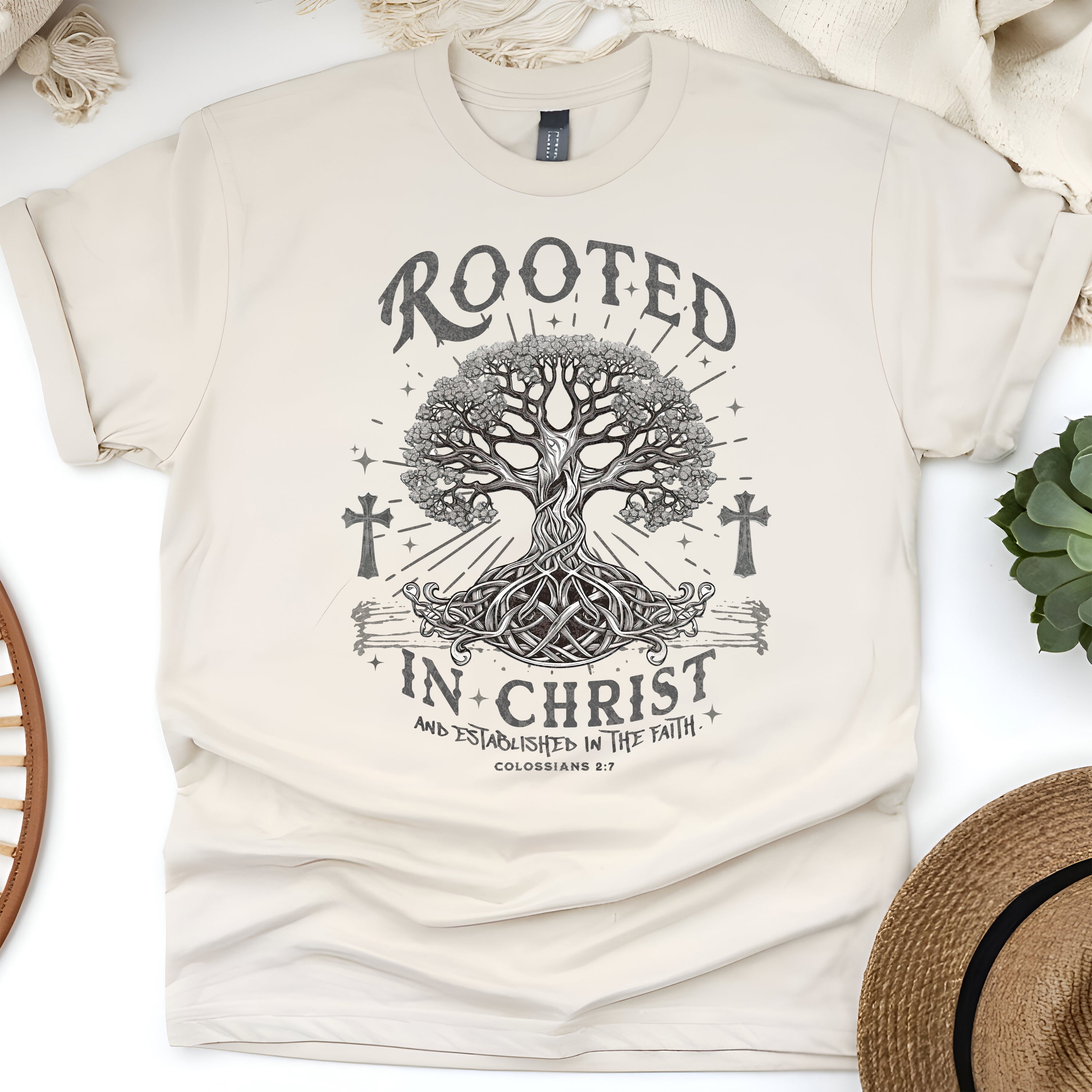 Christian Tree of Faith T-Shirt – Rooted in Christ Colossians 2:7 ...
