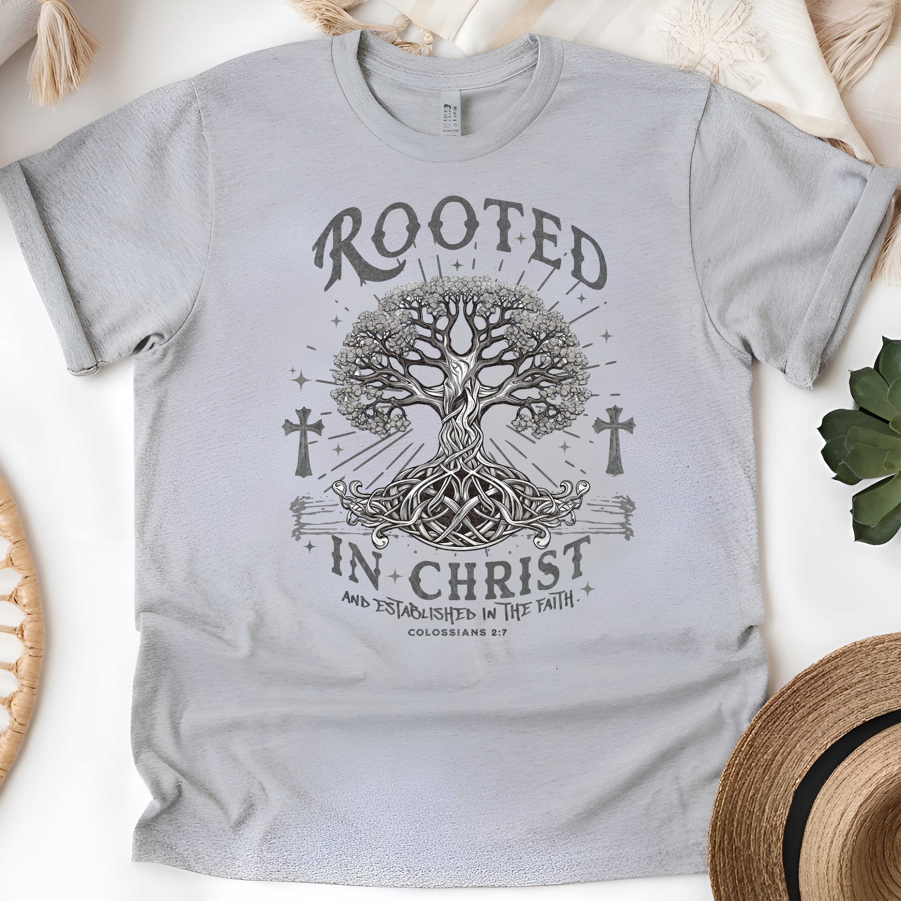 Christian Tree of Faith T-Shirt – Rooted in Christ Colossians 2:7 Graphic Tee, Sport Grey, Size ...