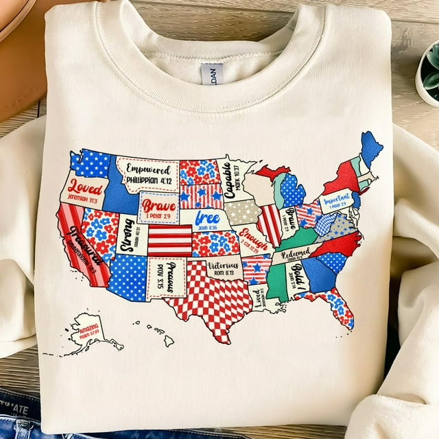 Christian USA Map Sweatshirt, God Bless America States Shirt with Bible ...