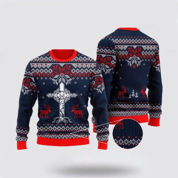 Christian Ugly Christmas Sweater, Dark Blue Christian Cross Reindeer ...