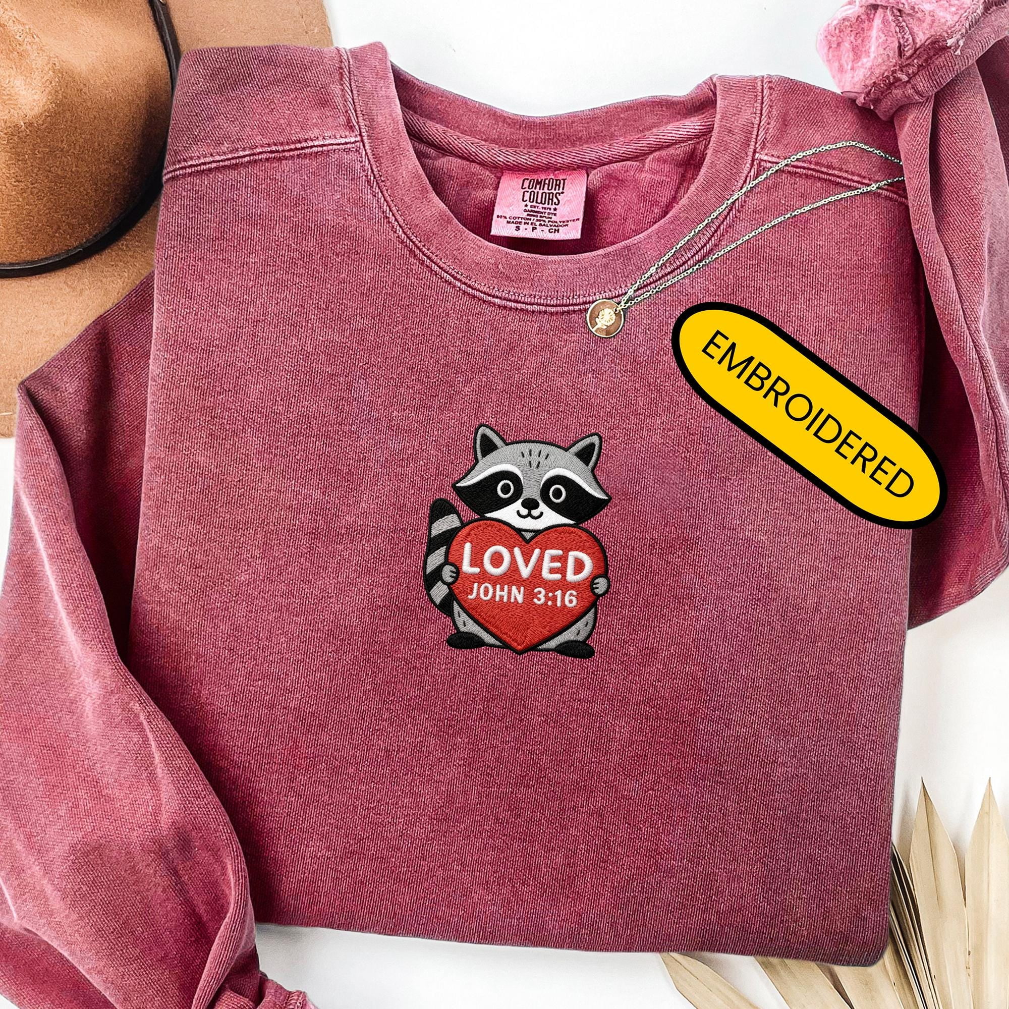 Christian Valentines Day Sweatshirt Embroidered Raccoon Sweater John 3: ...