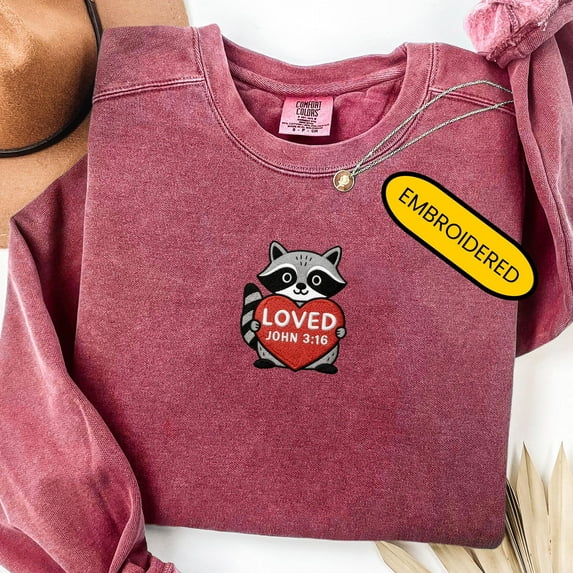 Christian Valentines Day Sweatshirt Embroidered Raccoon Sweater John 3: ...