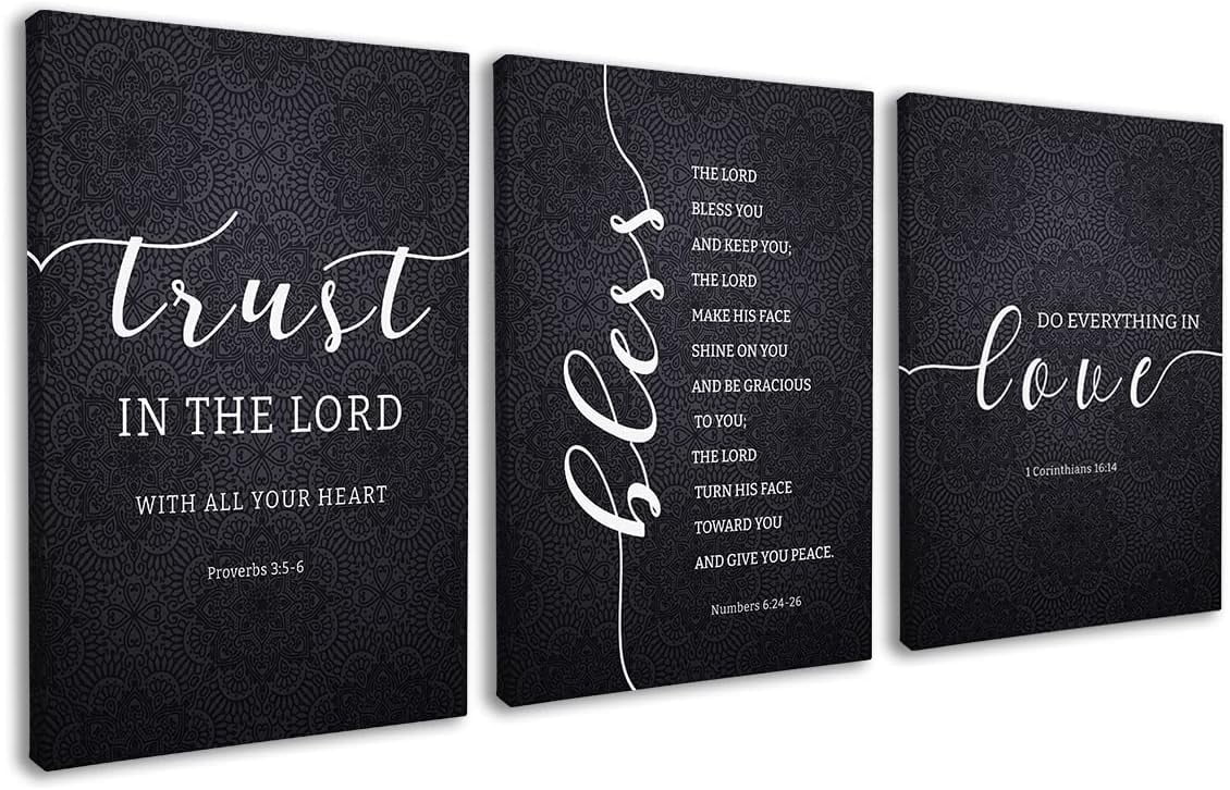 Christian Wall Art, Black Biblical Scripture Print Set of 3, Bible ...