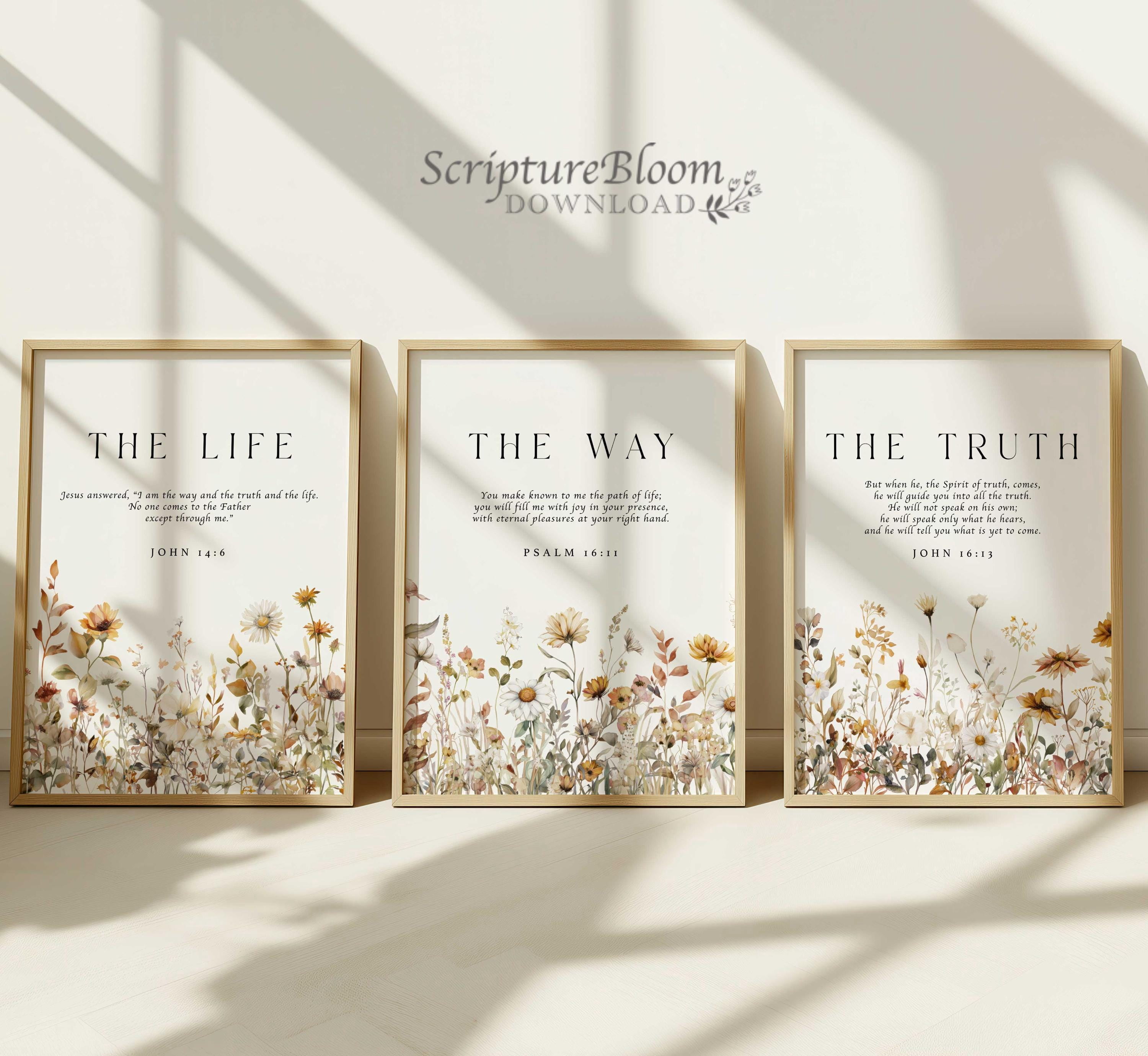 Christian Wall Art Triptych Wildflower Bible Verse Printsneutral Floral ...