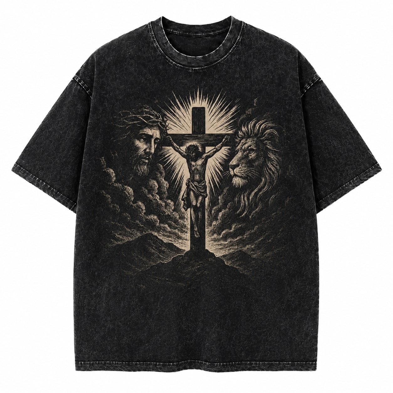 Christian Washed T-Shirt, Jesus Cross Lion Graphic, Unisex Heavyweight ...