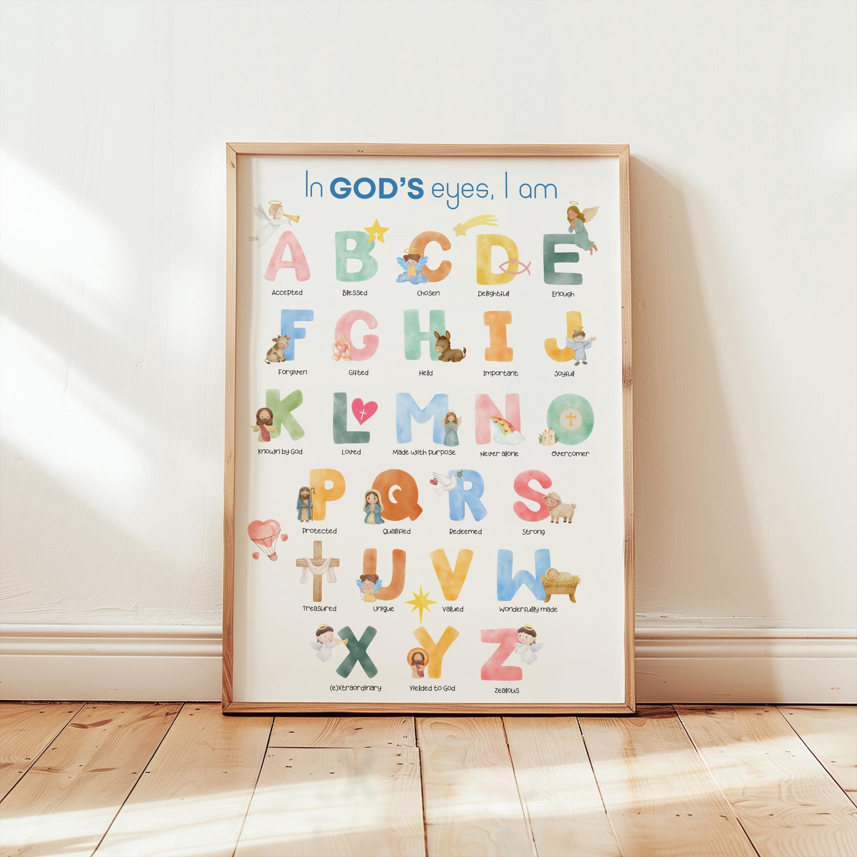 Christian Watercolor Alphabet Poster Educational Bible Nursery Wall Art ...