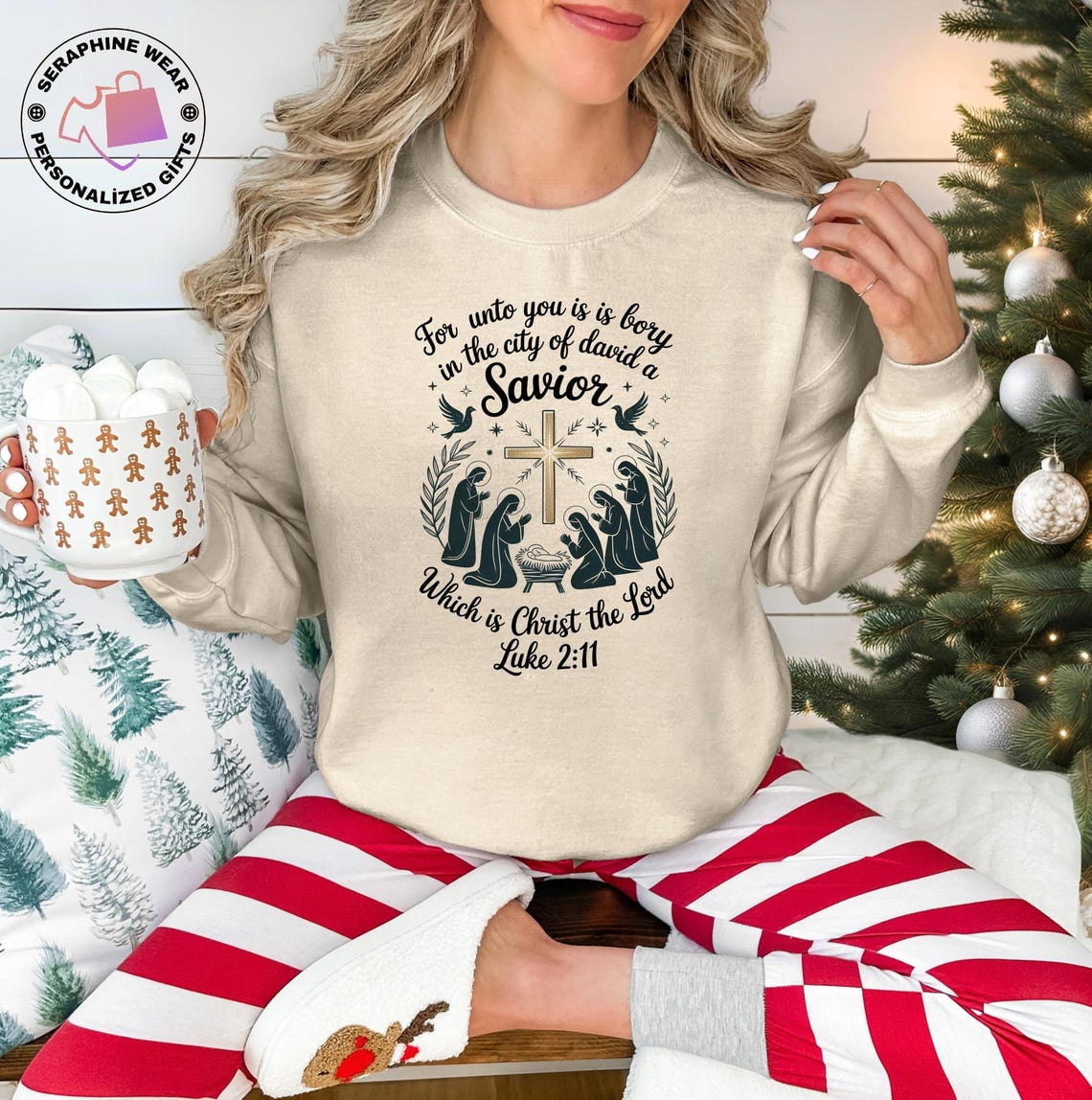 Christian Winter Holiday Sweatshirt, Nativity Scene Sweater, Luke 2:11 ...