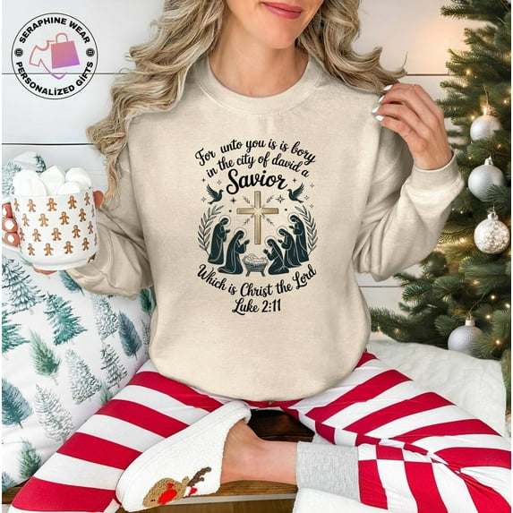 Christian Winter Holiday Sweatshirt, Nativity Scene Sweater, Luke 2:11 ...