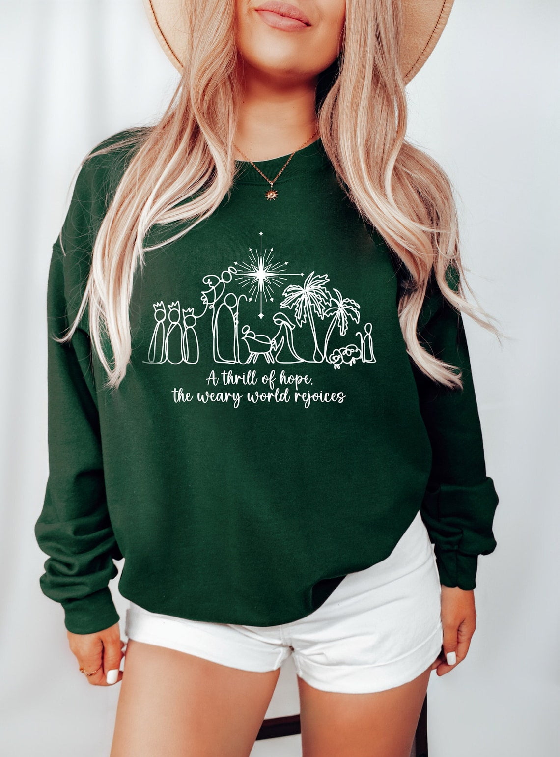 Christian Winter Holiday Sweatshirt, A Thrill Of Hope The Weary World ...