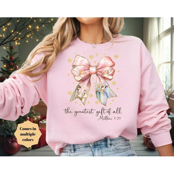 Christian Winter Shirt, The Greatest Of All, Pink Bow Nativity ...