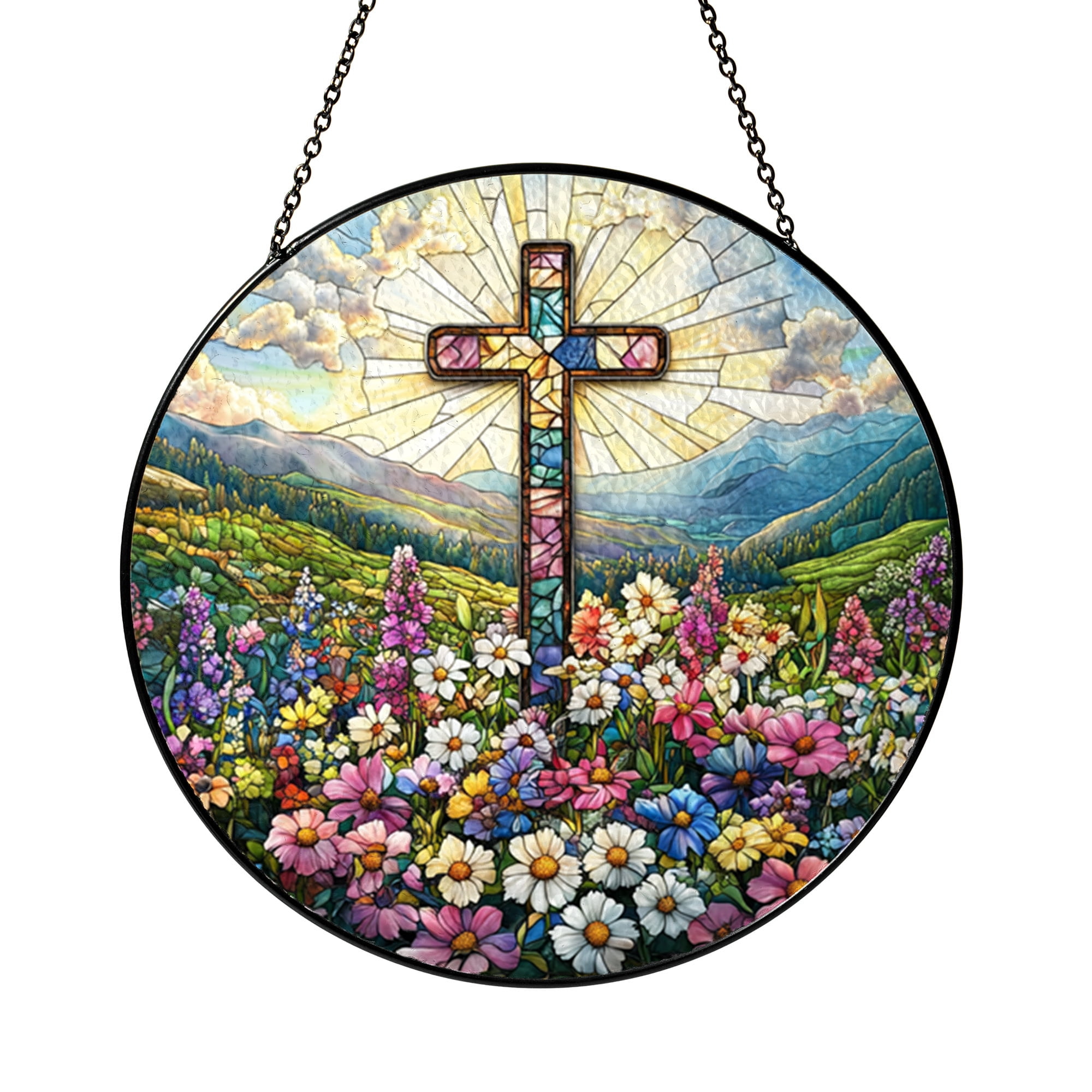 Christian cross stained style panel, floral window ornament for home ...
