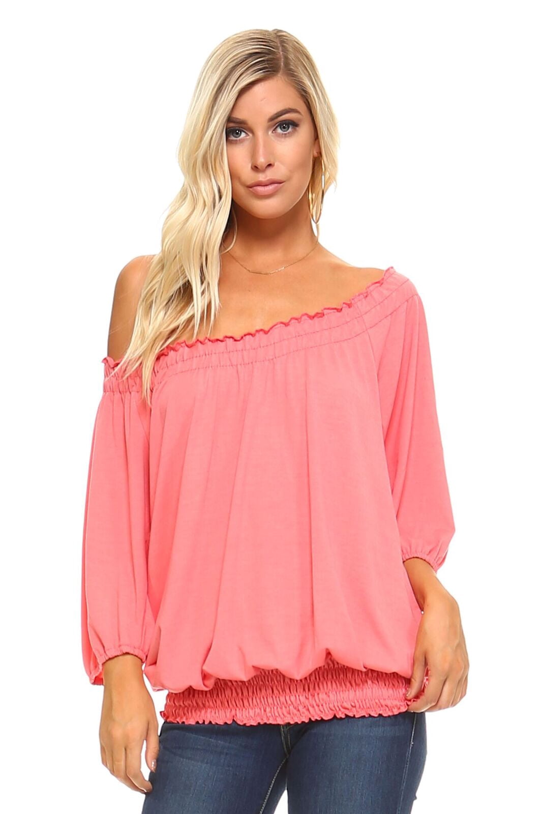 Christine V Women Three Quarter 3/4 Sleeve Ruffled Low-Back Peasant Top ...