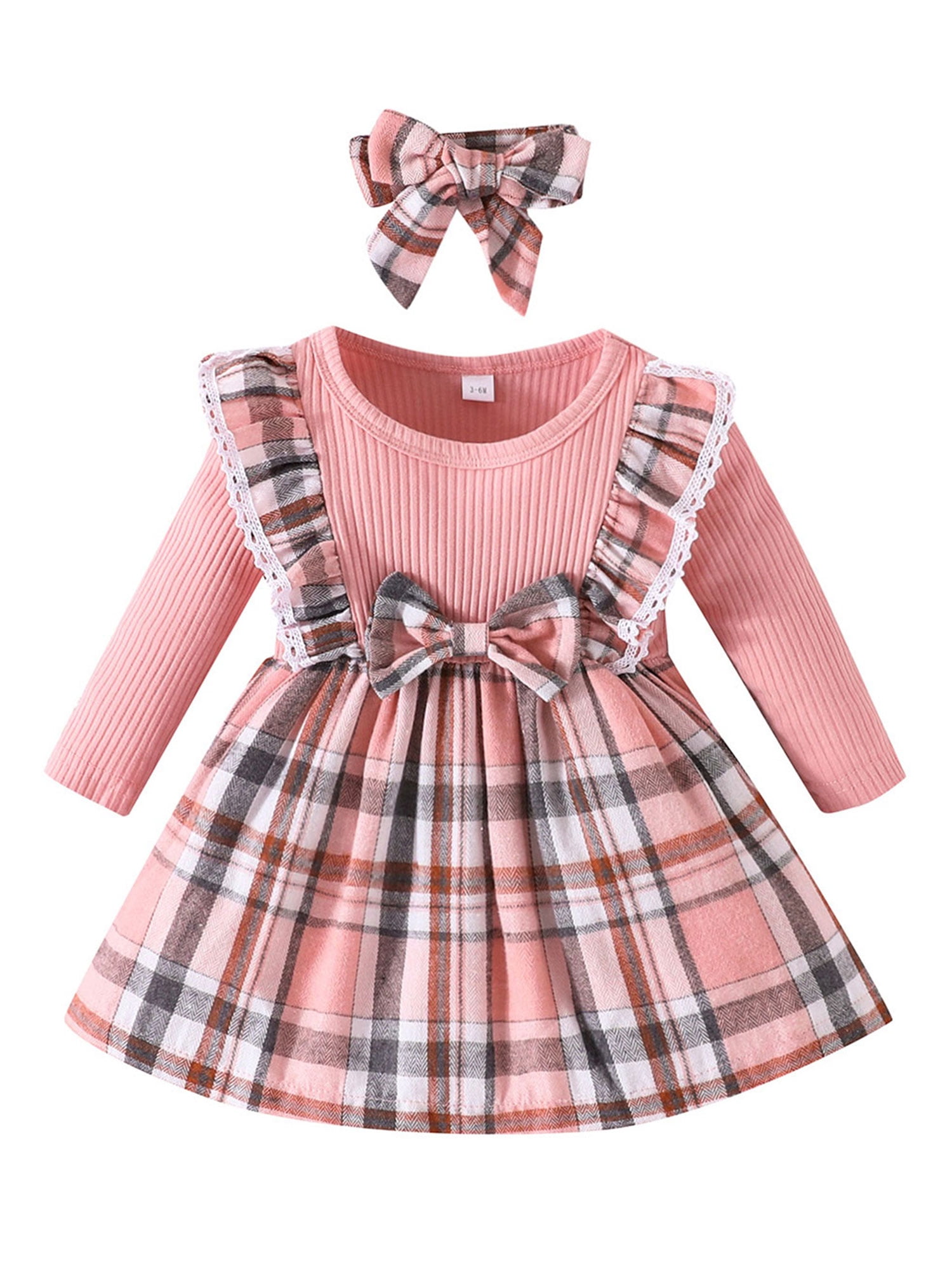 Christm Baby Girls Dress Plaid Patchwork Crew Neck Long Sleeve Dress ...