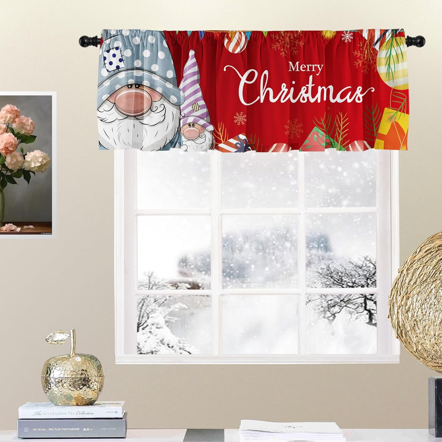 Christma Elf red Windows Valances Christmas Pine Tree Snowy Kitchen ...