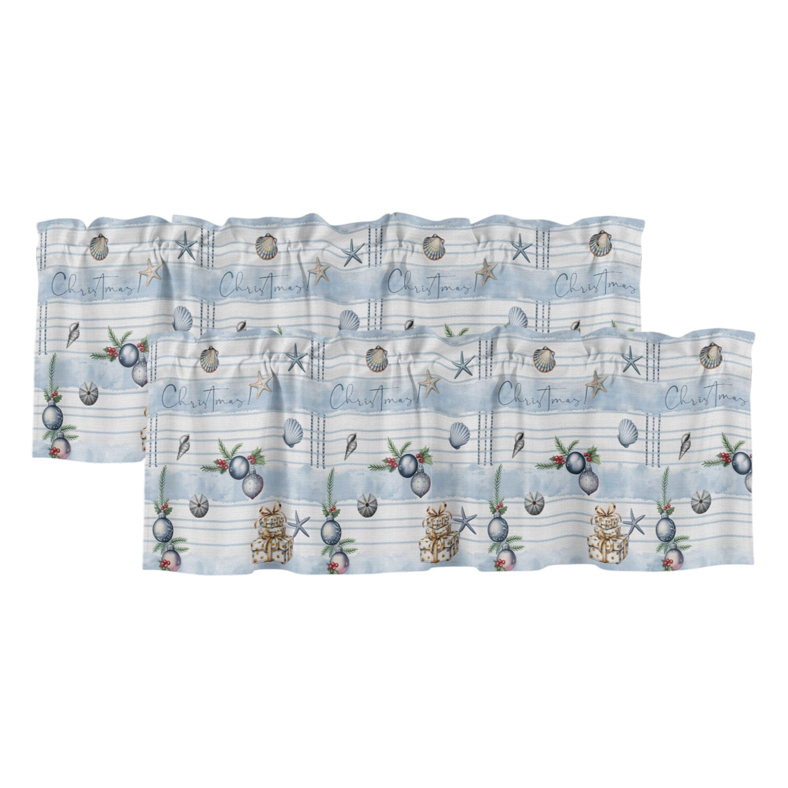 Christmas 2 Panels Kitchen Valance, Light Blue Xmas Ball Holly Shell ...