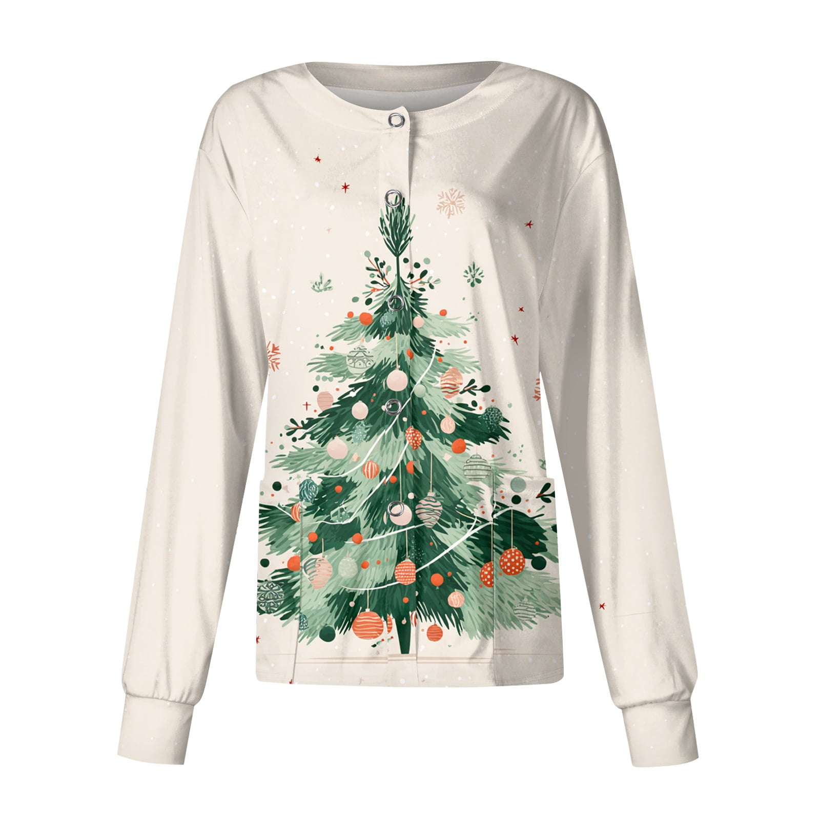 Christmas 2026 Scrub Jackets for Women Crew Neck Long Sleeve Snap Front ...