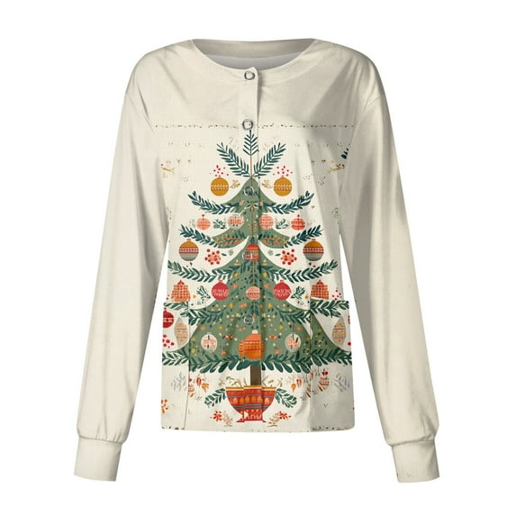 Christmas 2026 Womens Scrub Jacket Long Sleeve Snowflake Printed Scrub ...