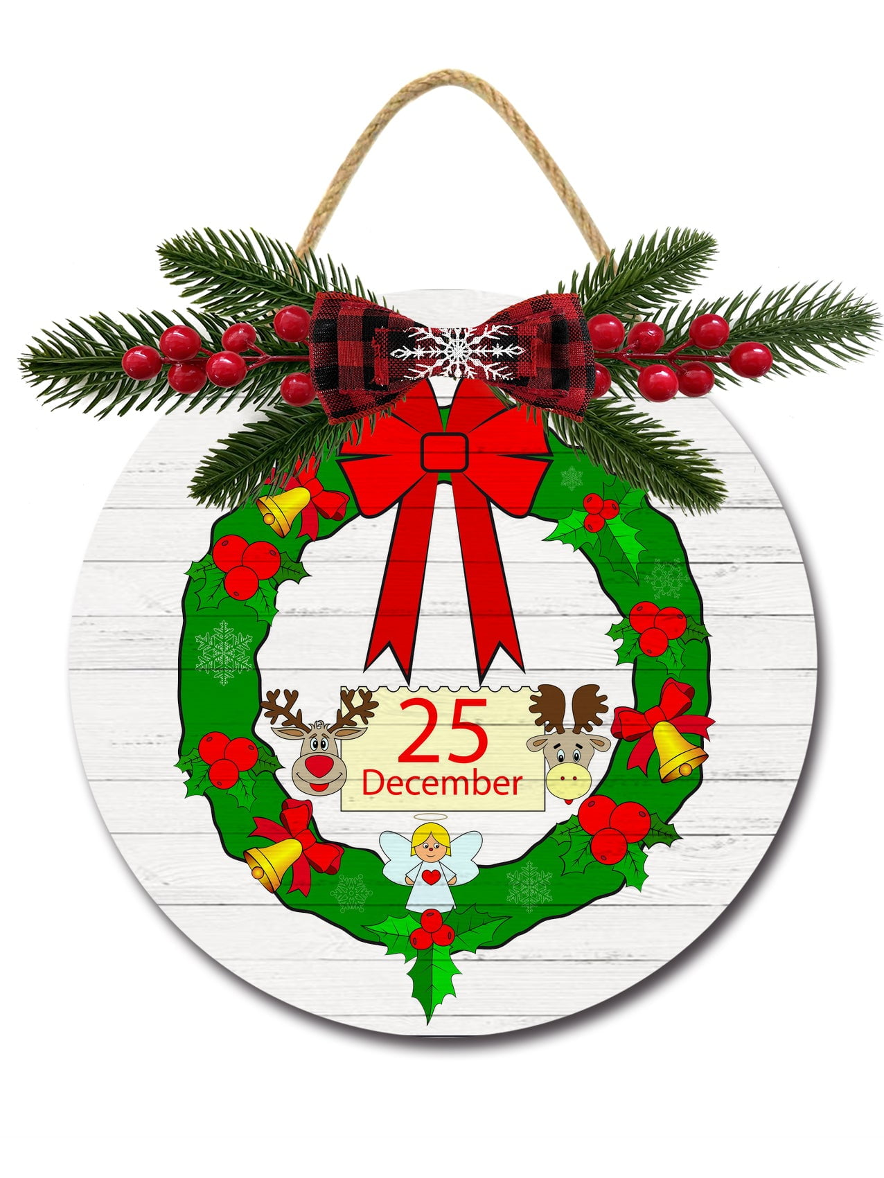 Christmas 25 December Sign Front for Door Decoration, 12 in Round Wood ...
