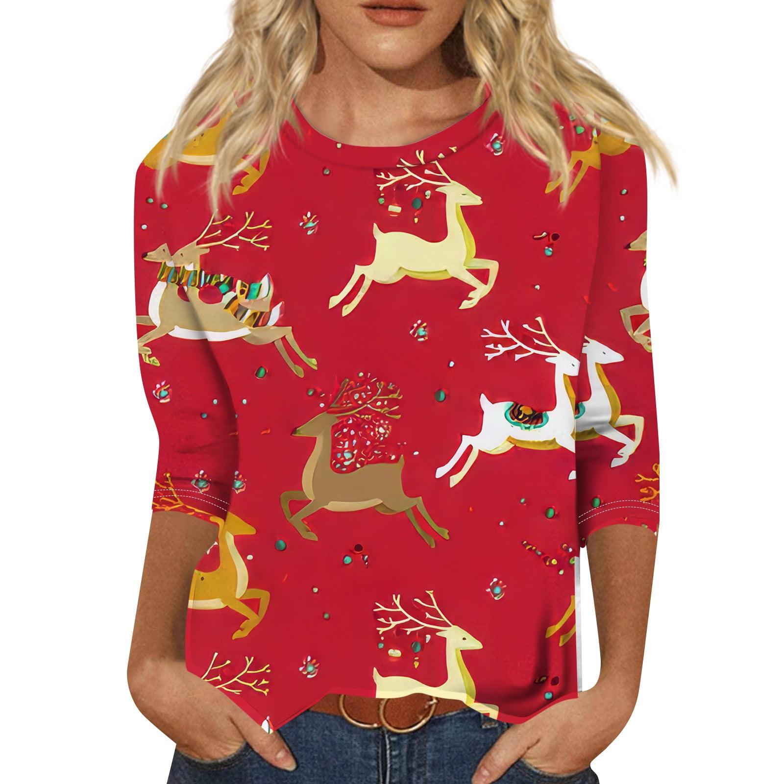 Christmas 3/4 Length Sleeve Womens Tops Cute Crew Neck Tunic Top ...