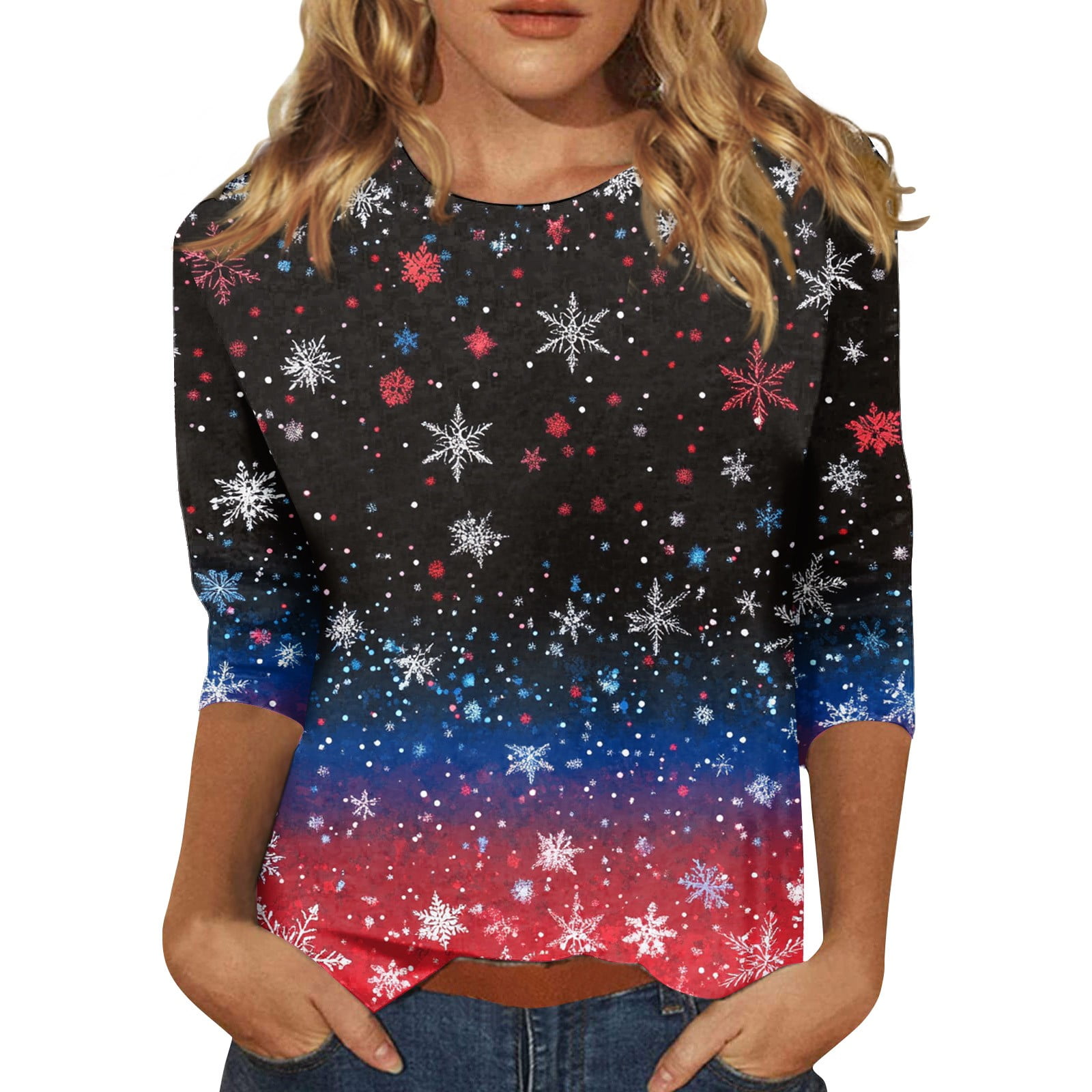 Christmas 3/4 Length Sleeve Womens Tops Plus Size Round Neck Tunic Top ...