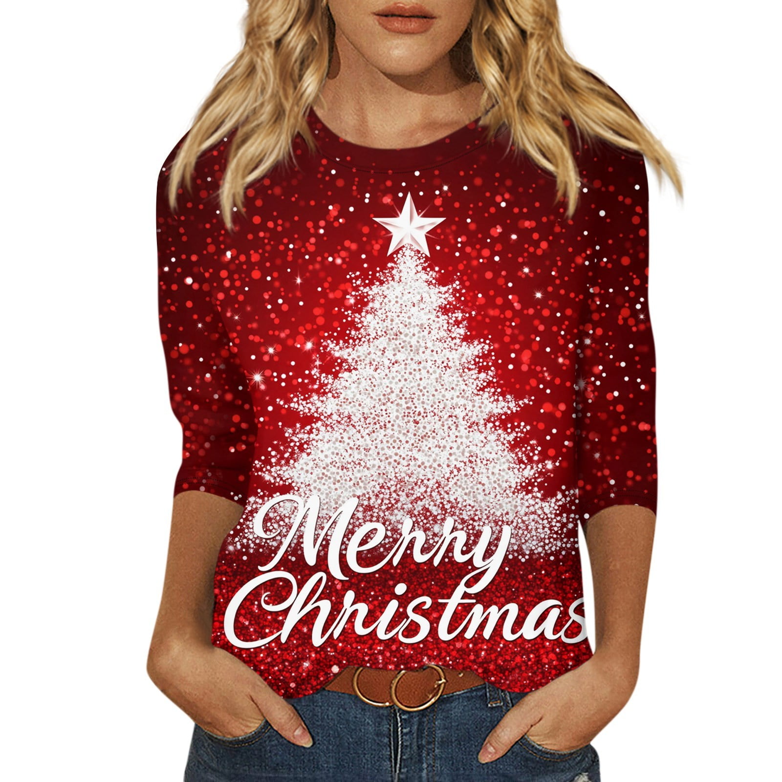 Christmas 3/4 Length Sleeve Womens Tops Snowman Printed Holiday ...