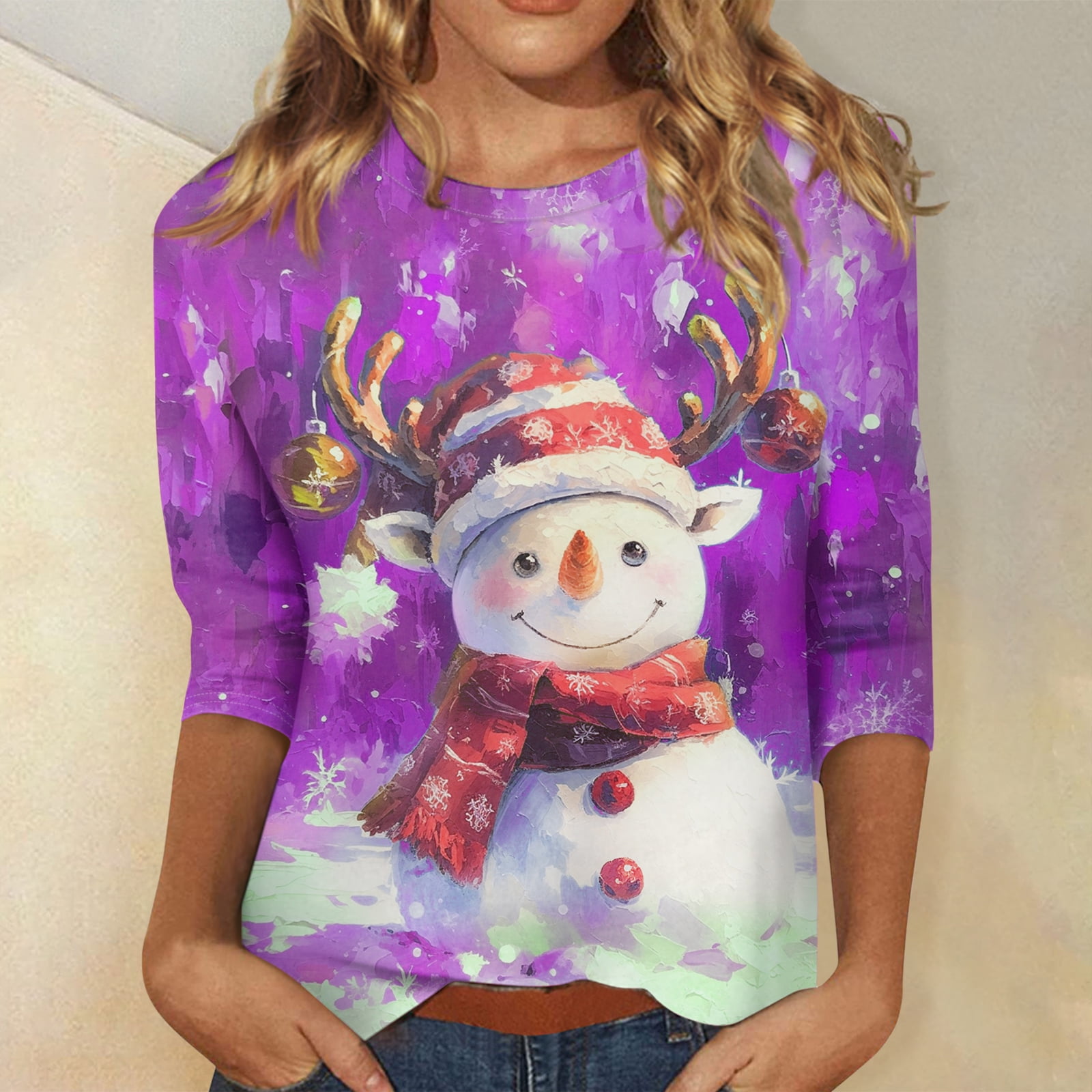 Christmas 3/4 Sleeve T Shirts for Women Crewneck Snowman Printed Basic ...