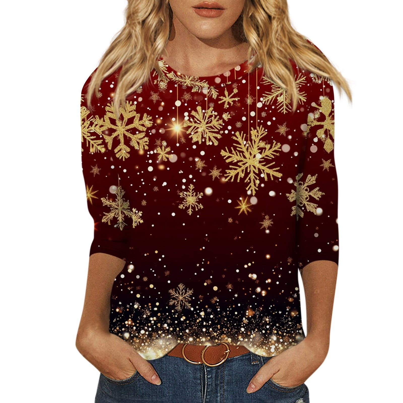 Christmas 3/4 Sleeve Tops for Women Loose Fit Round Neck T Shirt ...