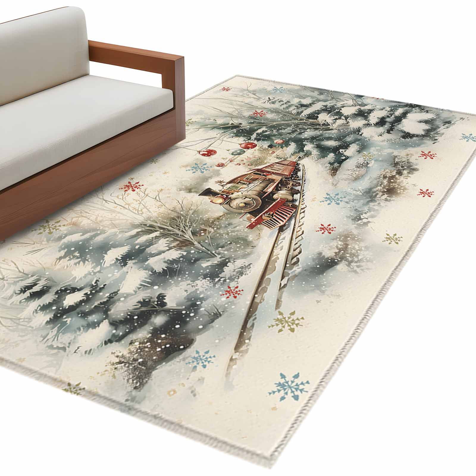 Christmas 3'x5' Washable Rug, Train Xmas Tree Snowflake Balls Non-Slip ...