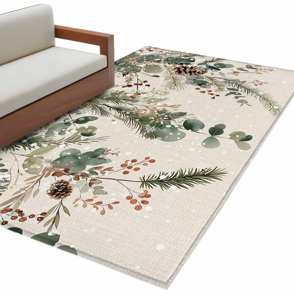 Christmas 3'x5' Washable Rug, Xmas Botanical Pinecone Eucalyptus Leaves ...