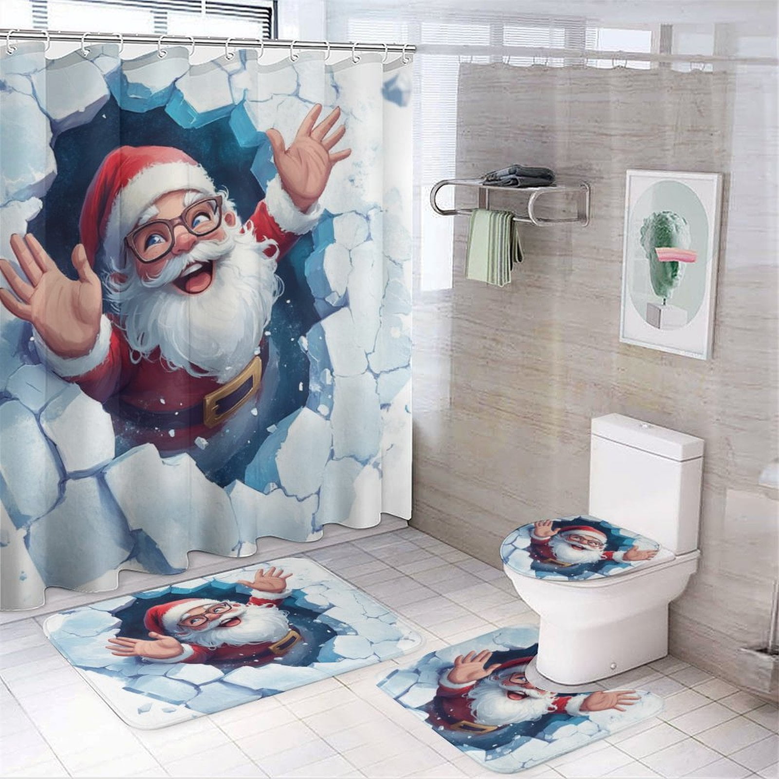 Christmas 3D Break Through Santa Claus 4 Piece Bathroom Shower Curtain ...