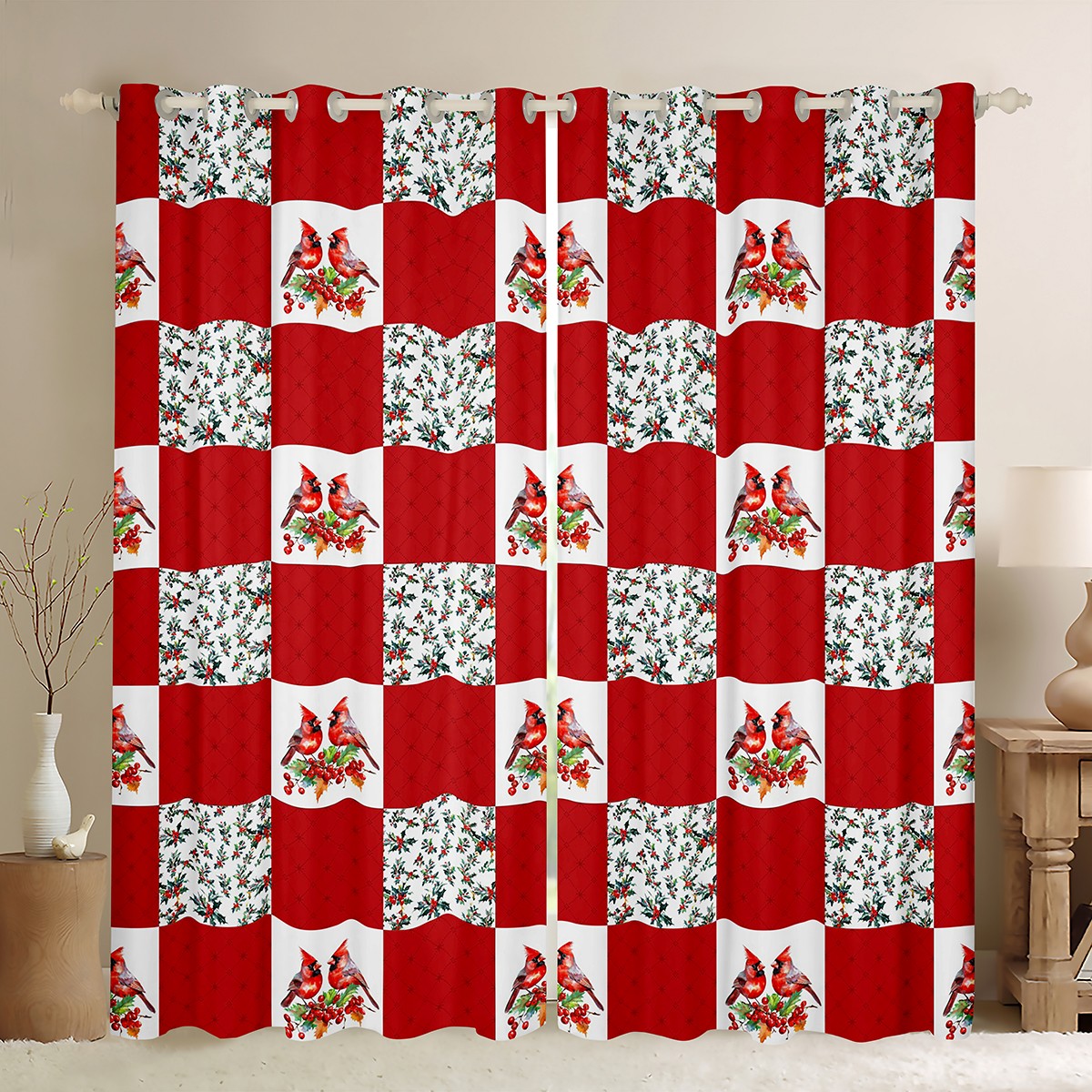Christmas 52"W x 84"L Curtains, Red Berries and Cardinals Pattern Blackout Curtains for Kids ...