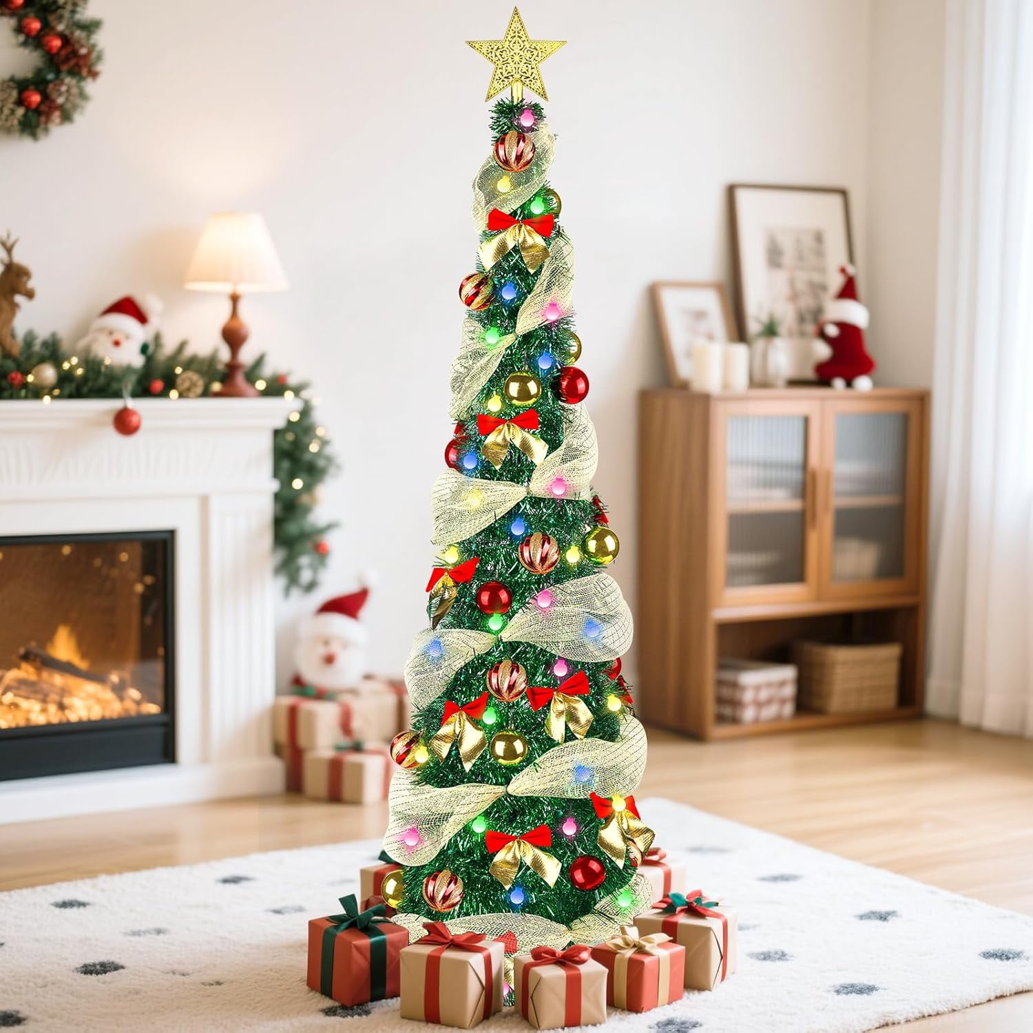 Christmas 5FT Pop Up Christmas Tree with Lights, Collapsible Tinsel ...
