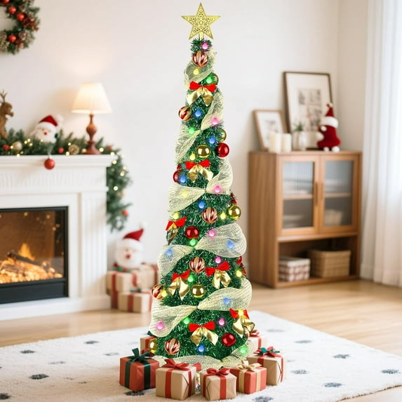 Christmas 5FT Pop Up Christmas Tree with Lights, Collapsible Tinsel ...
