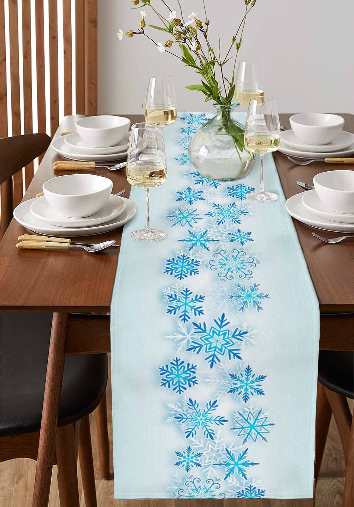 Christmas Abstract Blue Snowflakes Table Runner 13x36in Non-Slip Cotton ...