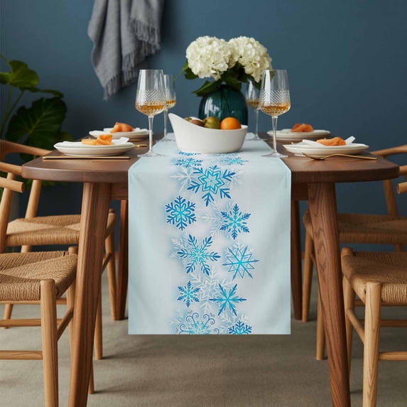 Christmas Abstract Blue Snowflakes Table Runner-36 Inch Long Winter ...